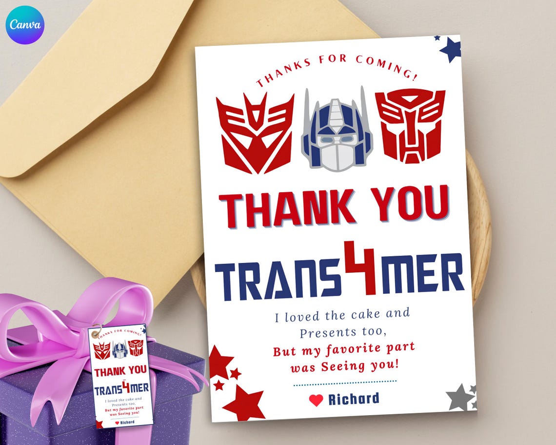 Transformers Birthday Thank You Card Transformers Thank You Tag Printed ...