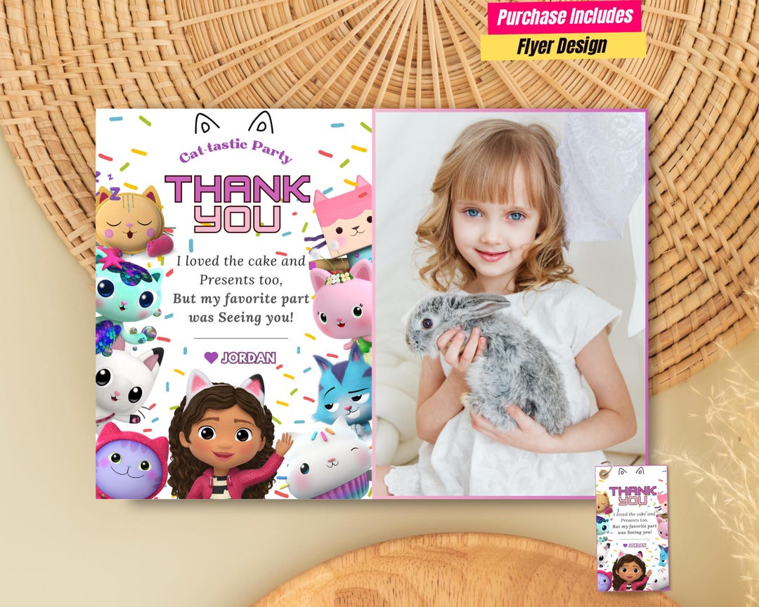 Gabbys Dollhouse Thank You Photo Card Gabby's Party Favor Doll Party ...