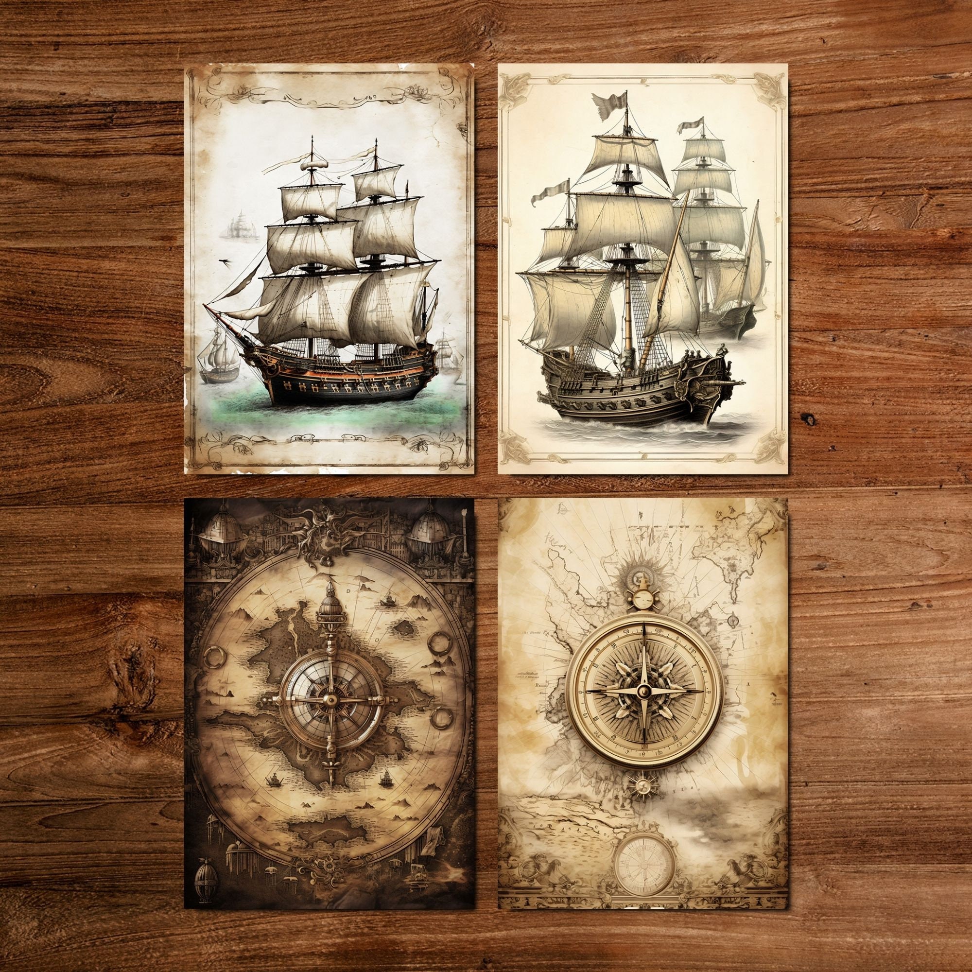 Vintage Pirate Ship Junk Journal Pages: Nautical Compass (digital ...