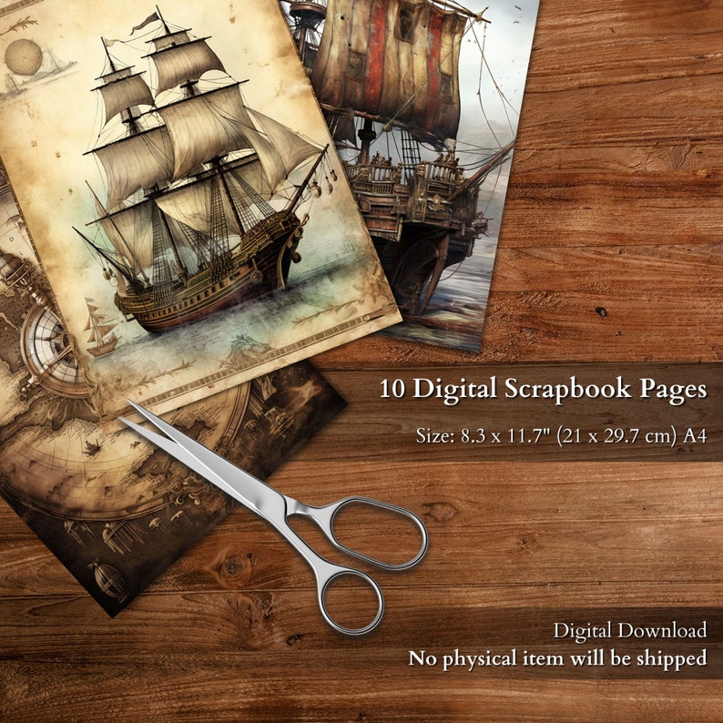 Vintage Pirate Ship Junk Journal Pages: Nautical Compass (digital ...