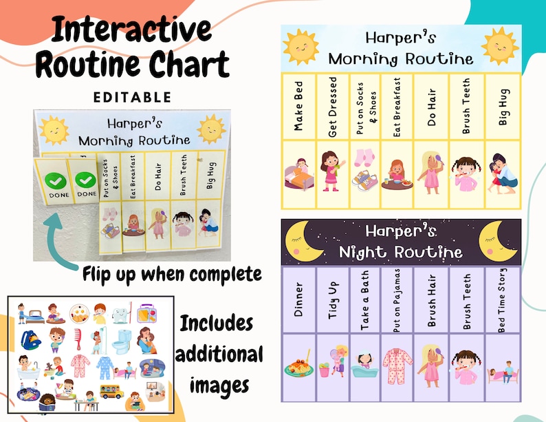 Editable Kids Morning and Bedtime Routine Chart With Visuals- Instant ...