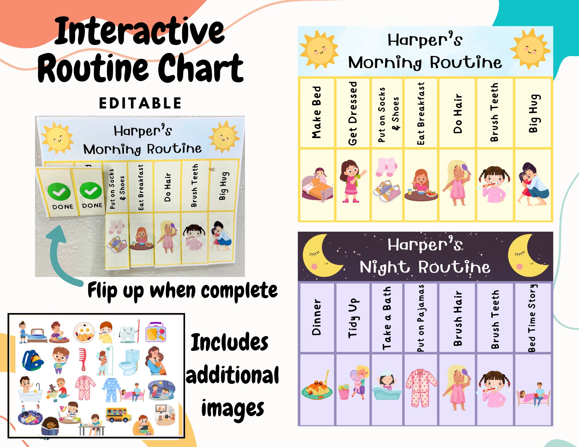 Editable Kids Morning and Bedtime Routine Chart With Visuals- Instant ...