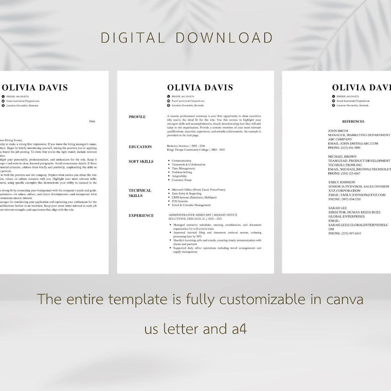 Minimalist Resume Template, Cover Letter, Modern CV (canva) Simple ...