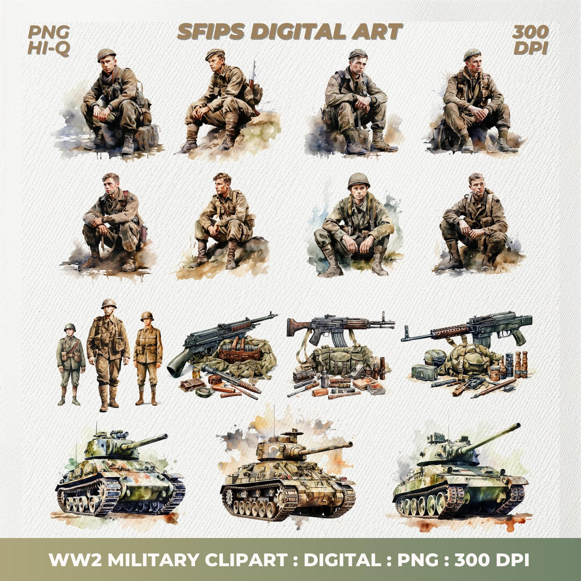 Watercolor Military Clipart, 100 PNG Army Clip Art, WW2 Watercolor Png ...