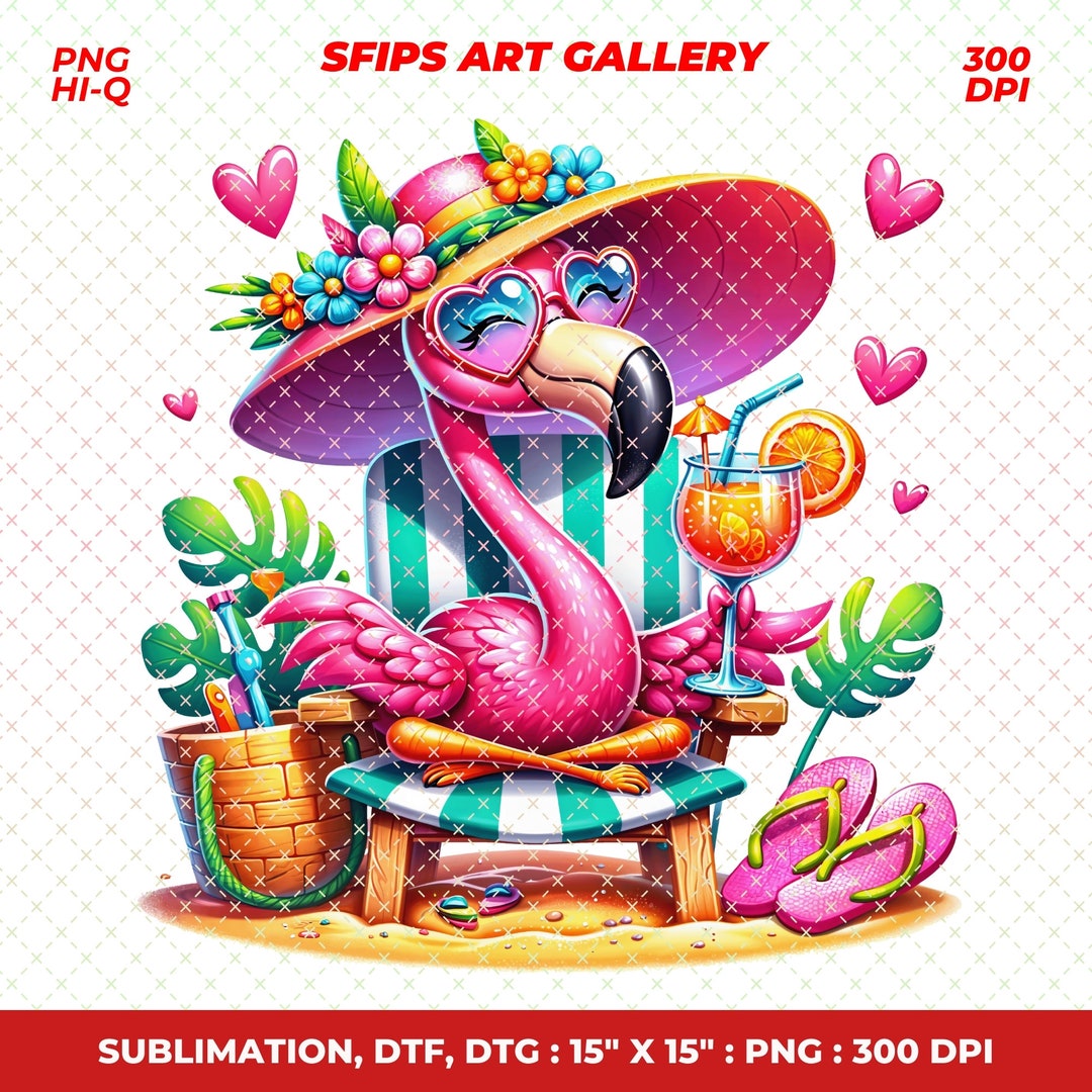 Chic Beach Flamingo Clipart, Whimsical Bird PNG, Vibrant Vacation Beach ...