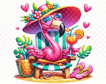Chic Beach Flamingo Clipart, Whimsical Bird PNG, Vibrant Vacation Beach ...