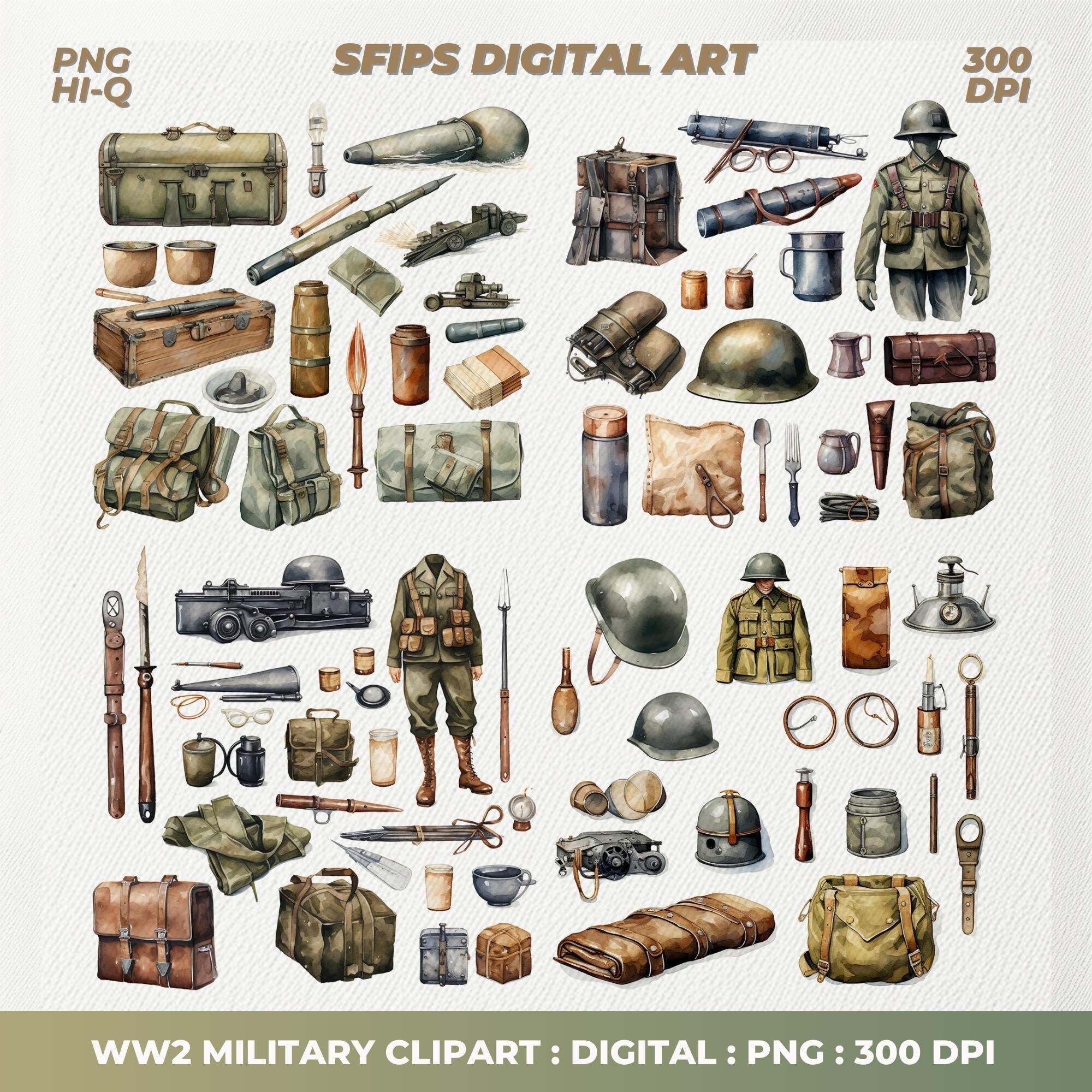 Watercolor Military Clipart, 100 PNG Army Clip Art, WW2 Watercolor Png ...