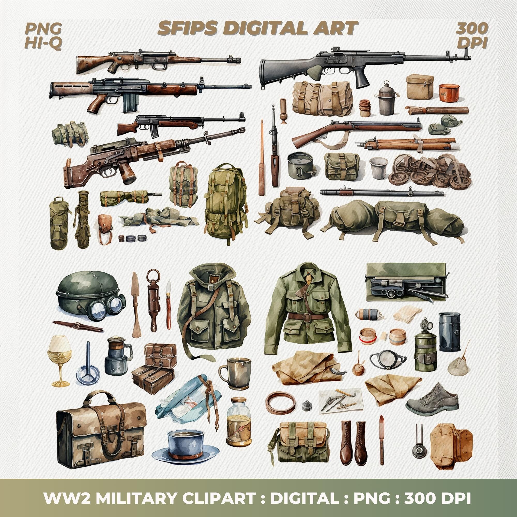 Watercolor Military Clipart, 100 PNG Army Clip Art, WW2 Watercolor Png ...