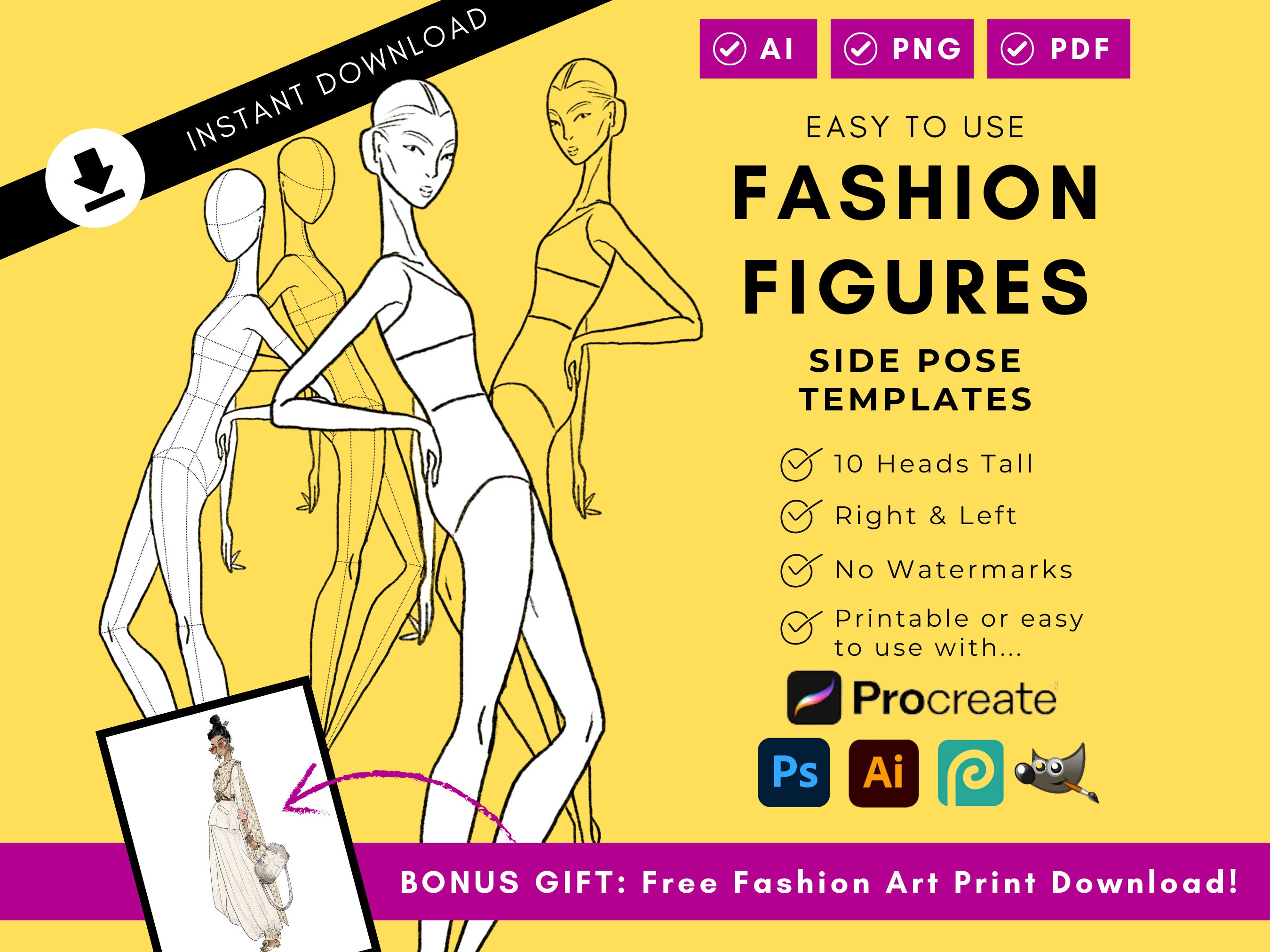 SIDE VIEW Fashion Figure. Instant DOWNLOAD. Fashion Illustration and ...