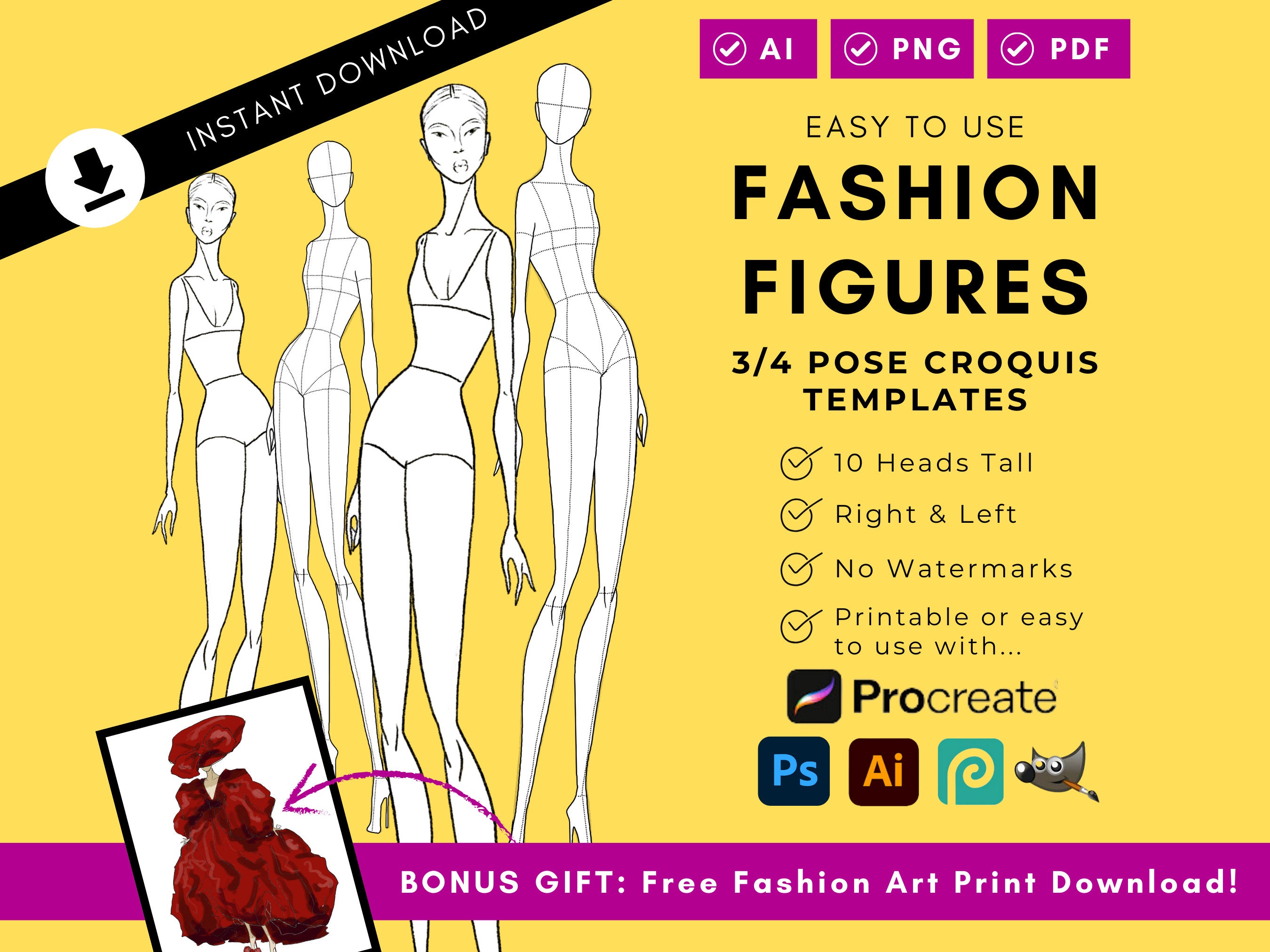 Fashion Figure 3/4 Pose Croquis Instant DOWNLOAD PDF PNG for - Etsy