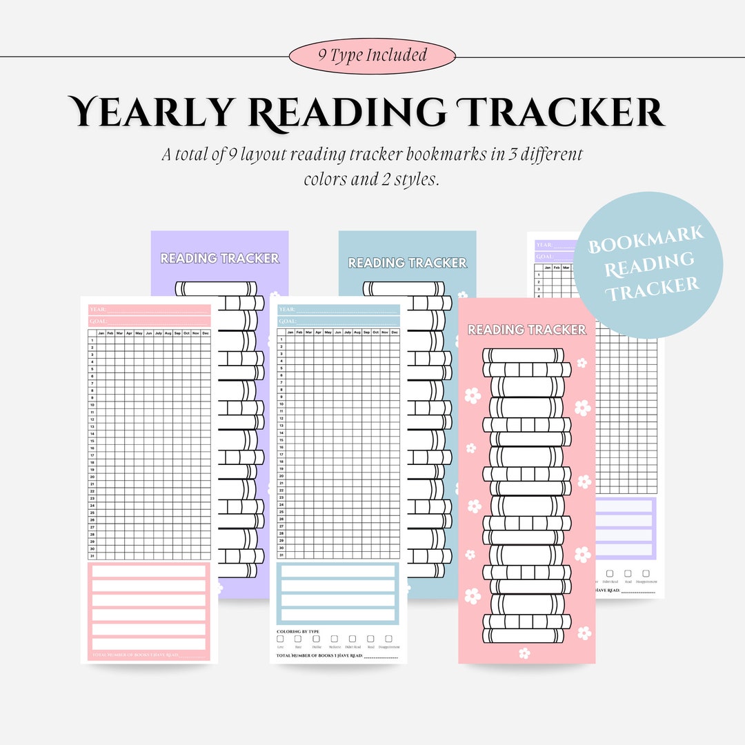 Printable Yearly Reading Tracker Bookmark: Pink Bookshelf Design (PDF ...