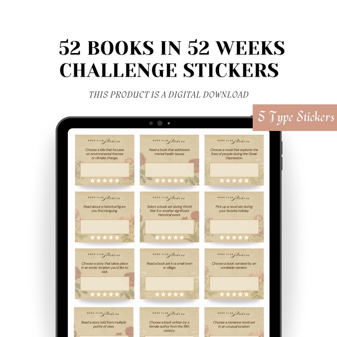 52 Books in 52 Weeks Challenge Stickers: Vintage Floral Reading Prompts ...