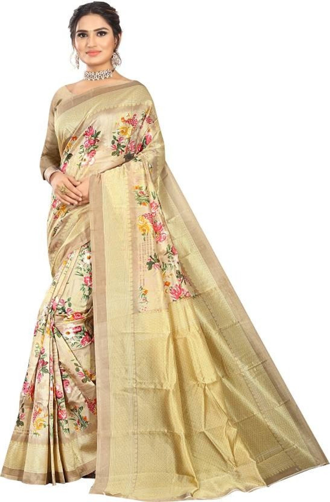 Floral Print Daily Wear Art Silk Saree, Printed Plain Sari, Indian ...