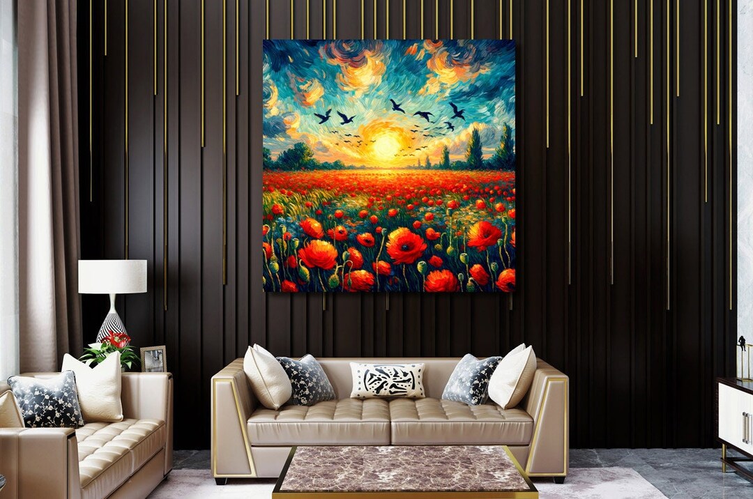 Vibrant Vortex at Dusk: Van Gogh-inspired Canvas With Soaring Birds Over a Poppy Paradise - Etsy