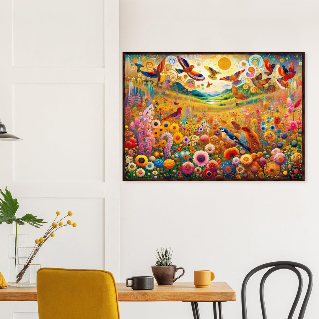 Gustav Klimt Inspired Sunlit Meadow Fantasy Poster: Birds in Harmony ...