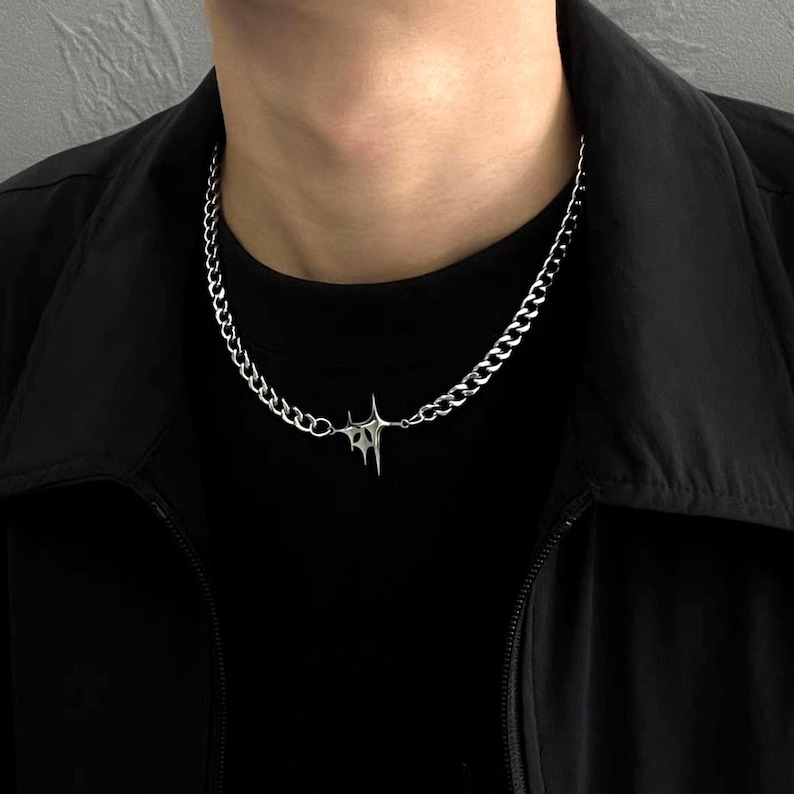 Chunky Stars Chain Necklace Y2K Cuban North Star Silver Gothic Celestial Streetwear Punk Grunge ...