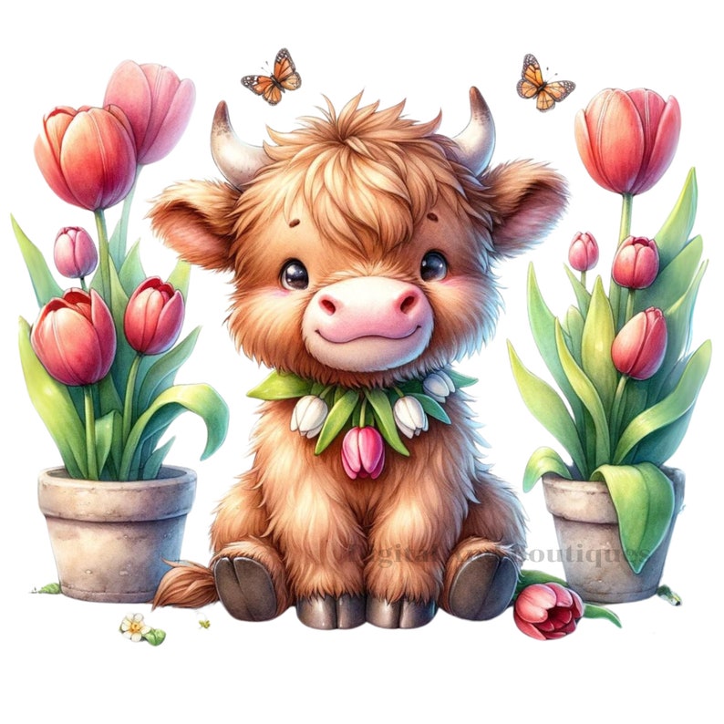 Tulip Highland Cow Clipart, Spring Flowers Clipart, Baby Animal, Baby ...
