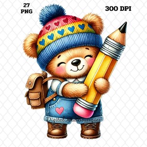 Teddy Bear Clipart, Back to School, Bear Clipart, Watercolor Teddy Bear ...