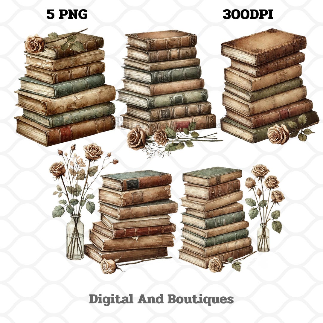 Stack of Book With Flower, Books Bow PNG, Vintage Book PNG, Girly Books ...