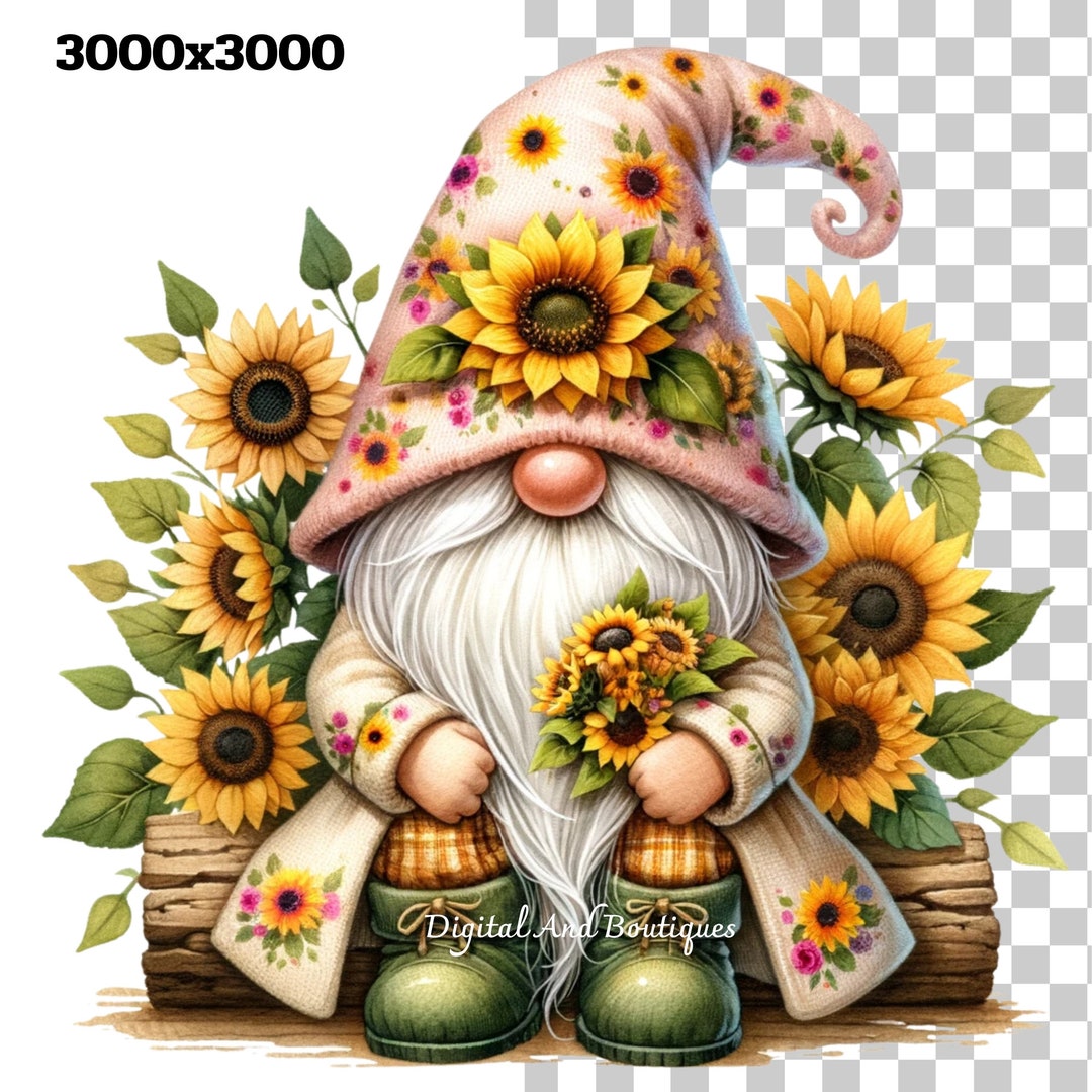 Sunflower Gnome Clipart, Spring Gnome Clipart, Garden Gnome, Garden ...