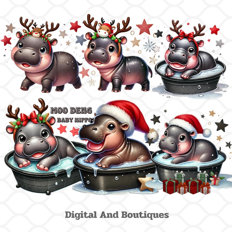 Moo Deng PNG, Bouncy Pig PNG, Xmas Baby Hippo, Christmas Hippo, Animal ...