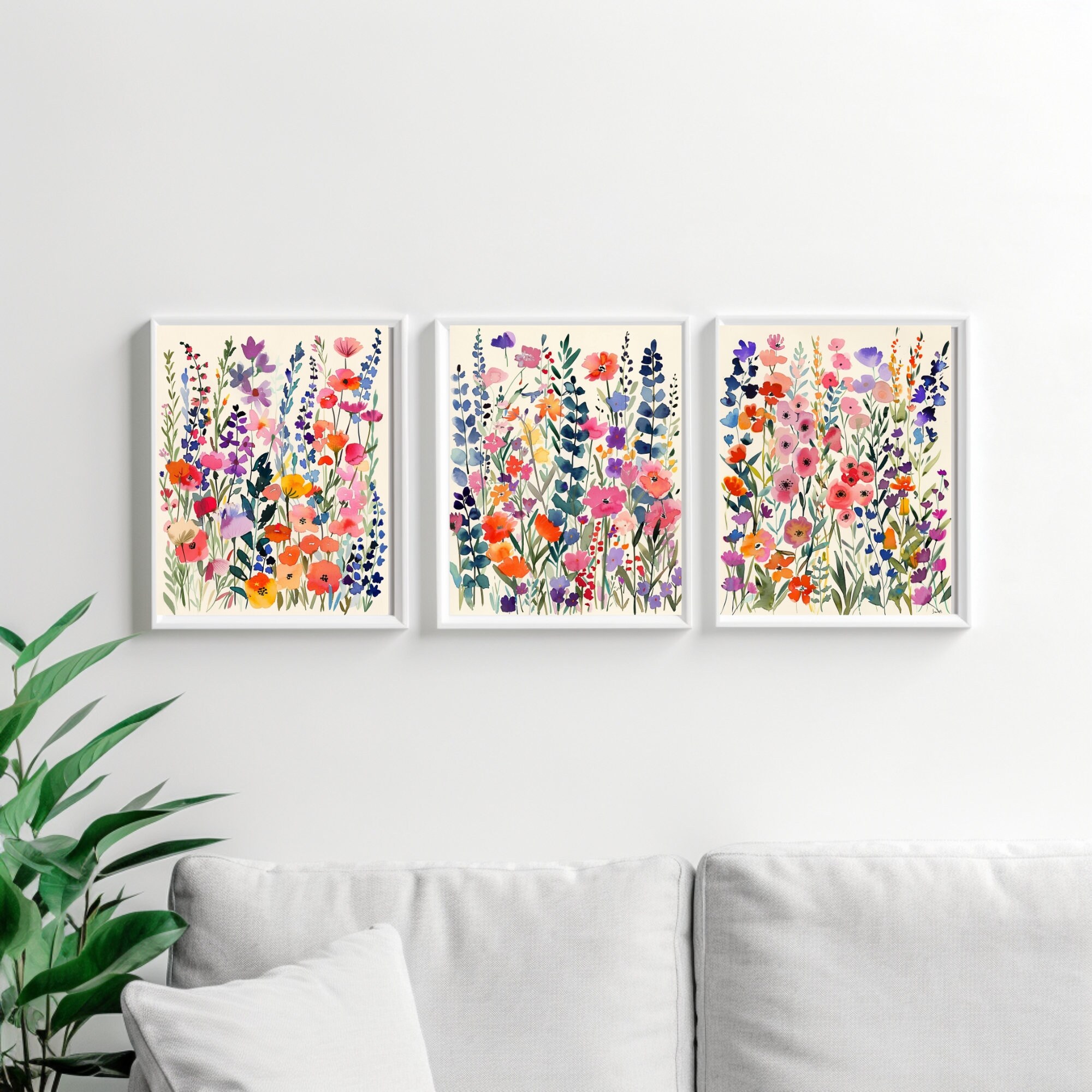 Set of 3 Wildflower Prints, Neutral Watercolor Wall Art, Watercolor ...