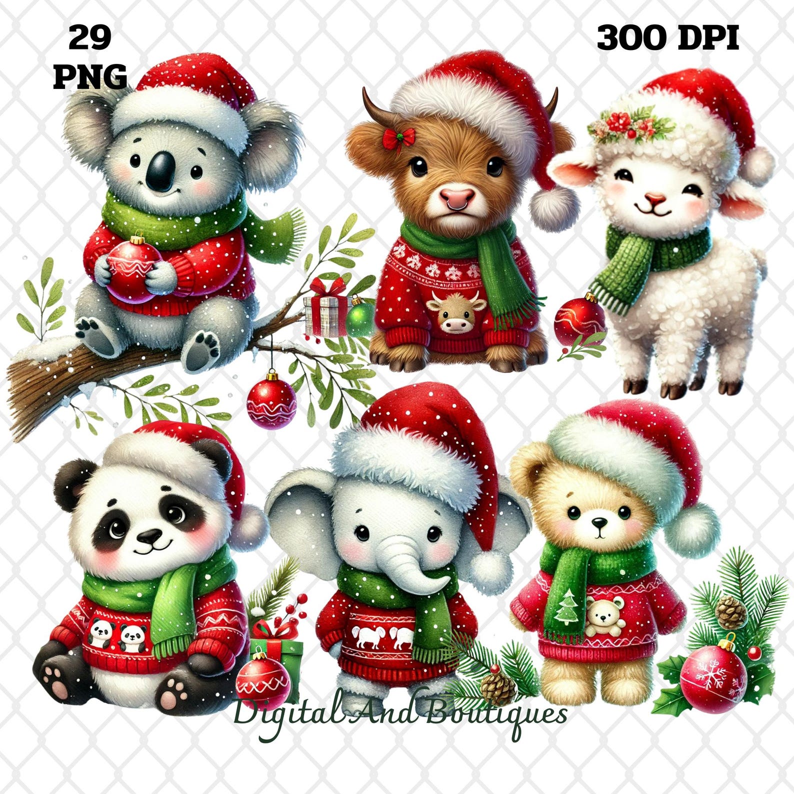 Christmas Animals Clipart: Watercolor PNG Set (digital Download) - Etsy