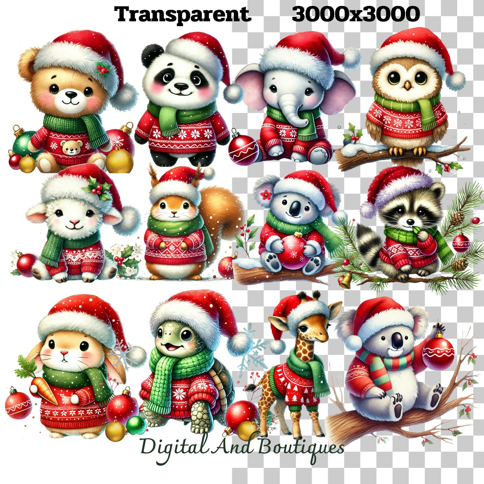 Christmas Animals Clipart: Watercolor PNG Set (digital Download) - Etsy