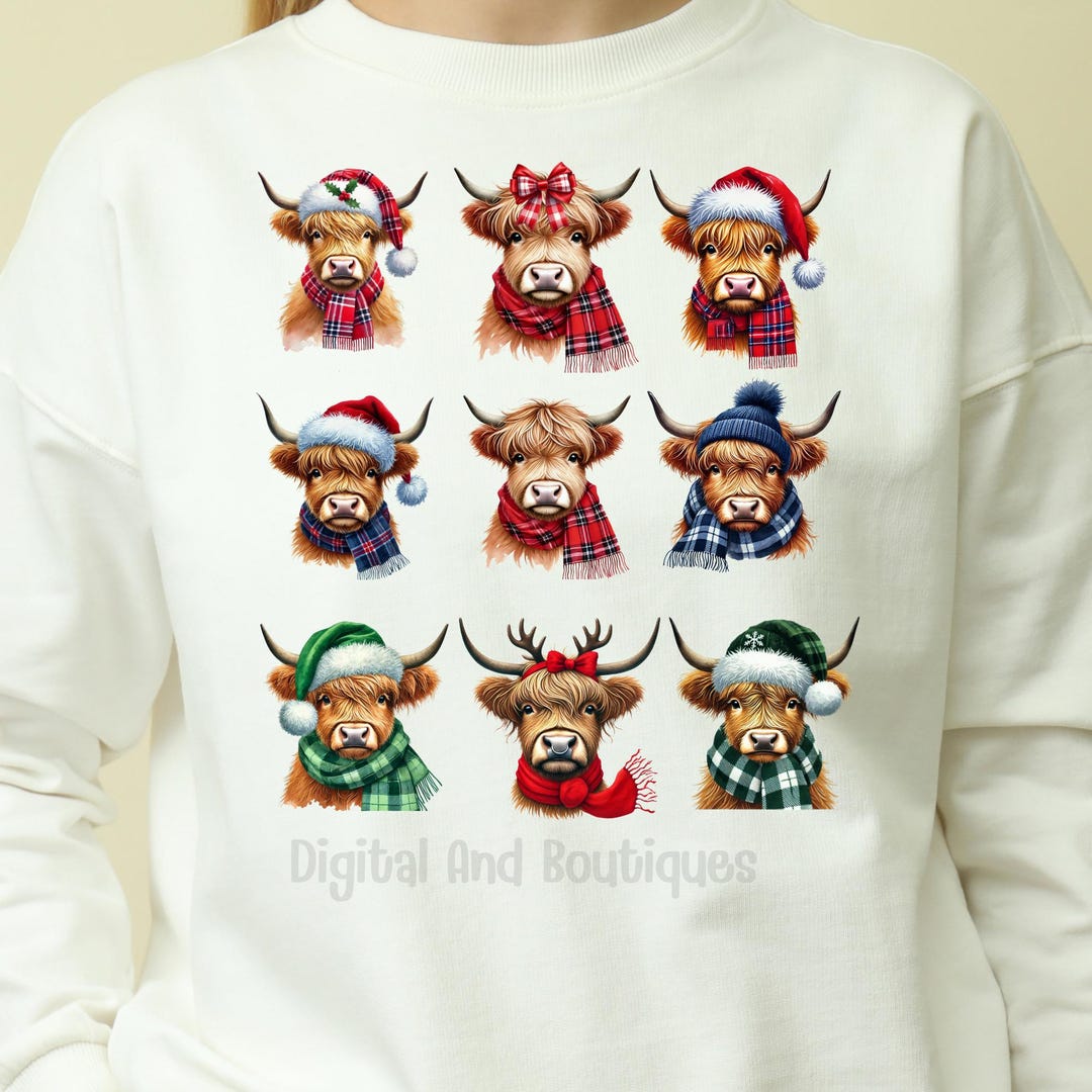 Christmas Highland Cow Clipart PNG Set, Highland Cow, Merry Xmas PNG ...