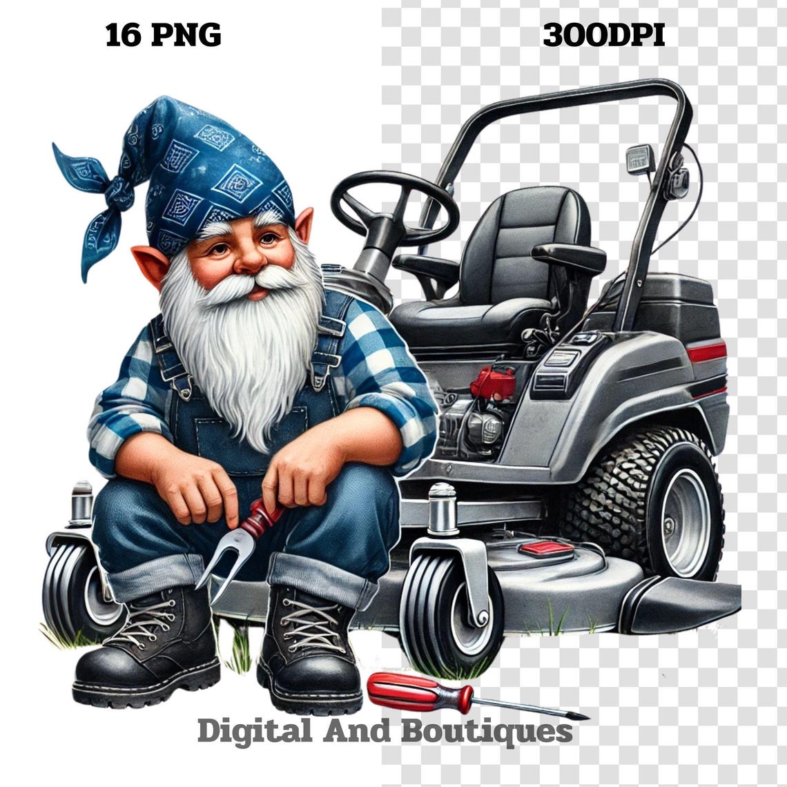Lawn Mower Gnome Clipart: Mechanic PNG, Grass Cutting Art (digital ...