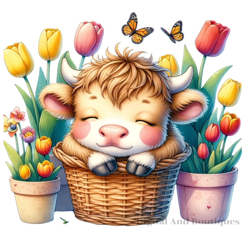 Tulip Highland Cow Clipart, Spring Flowers Clipart, Baby Animal, Baby ...