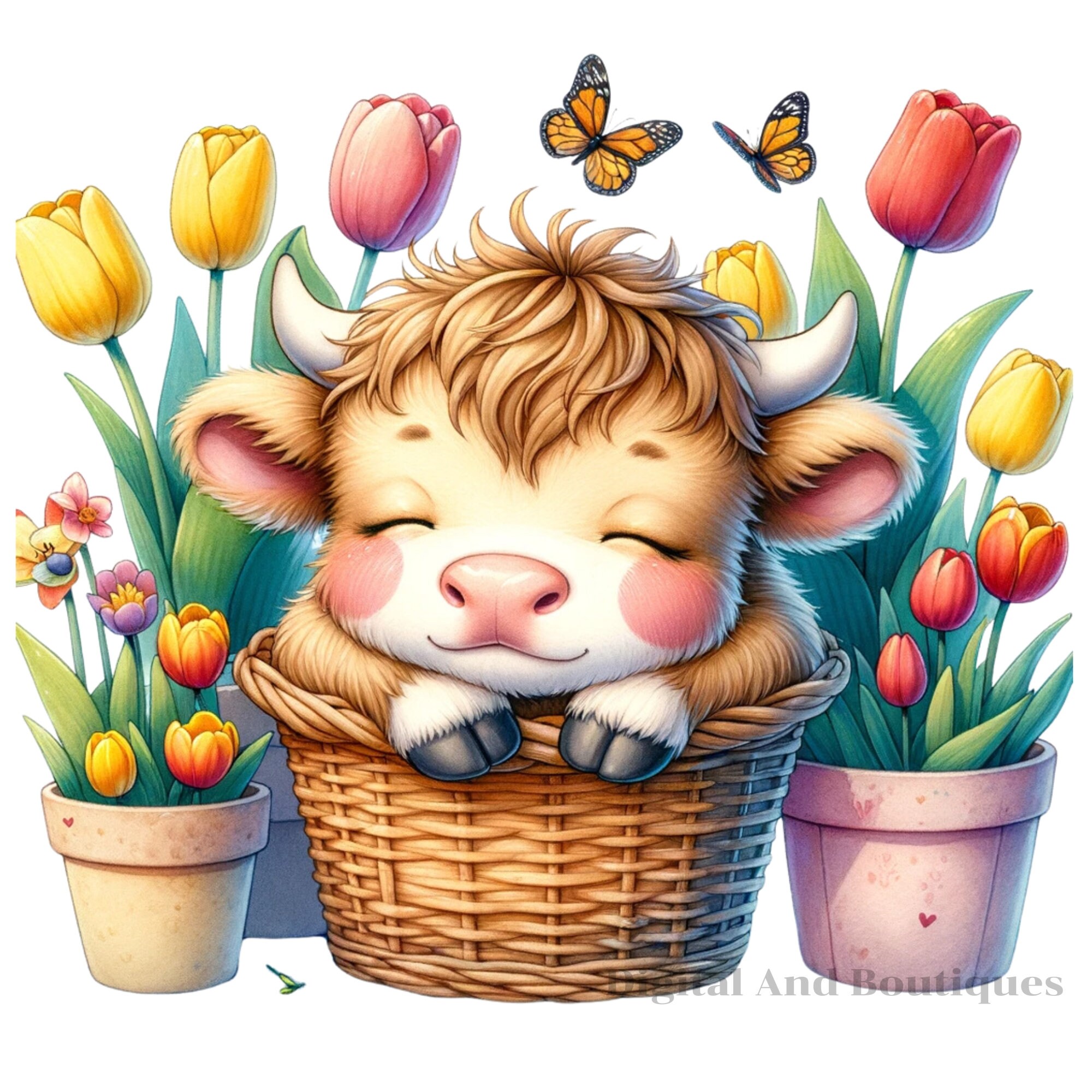 Tulip Highland Cow Clipart, Spring Flowers Clipart, Baby Animal, Baby ...