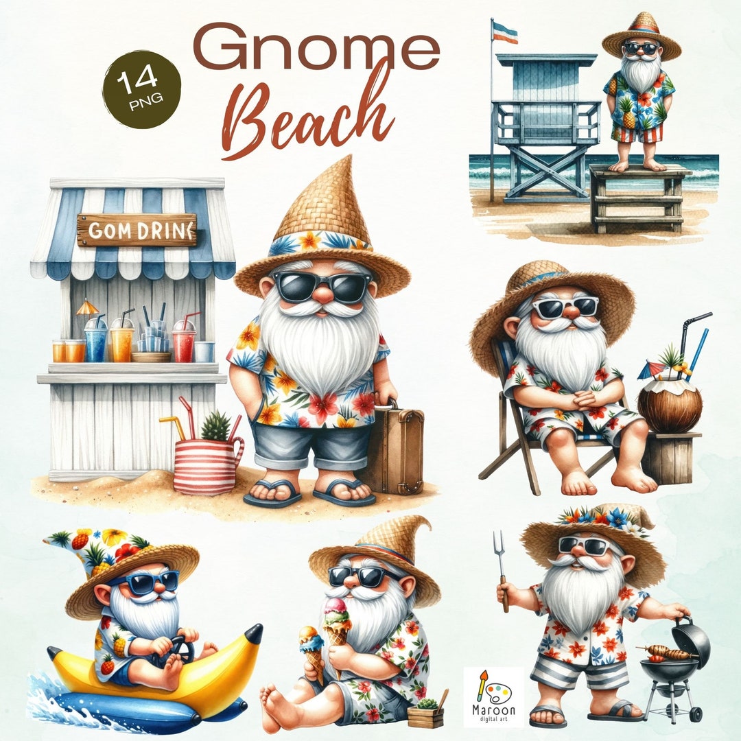 Watercolor Beach Gnome Clipart, Summer Holiday Illustrations, Gnome ...