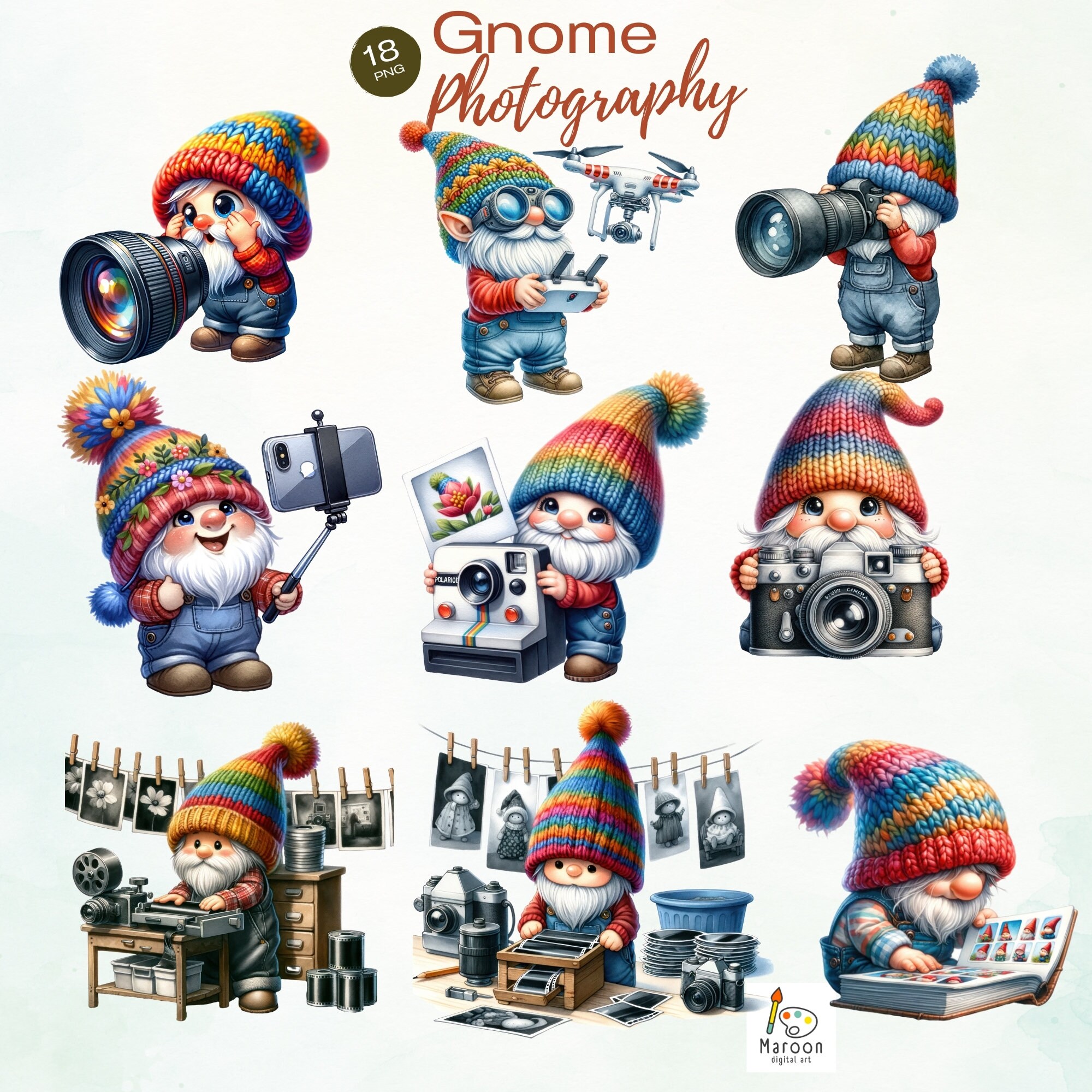 Watercolor Gnome Photographer Clipart Collection | Camera Gnome Art ...