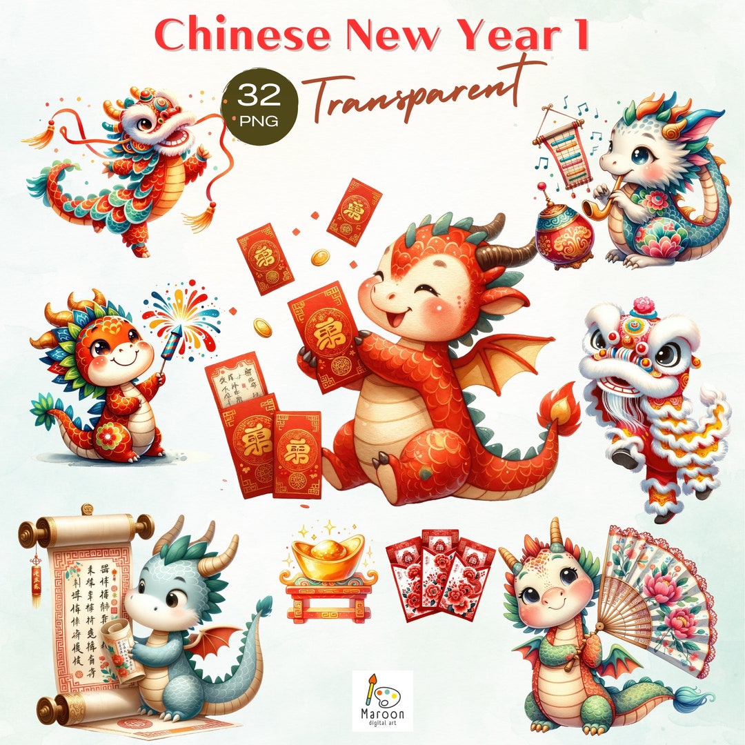 Chinese New Year Watercolor Clipart, Cute Dragon Clipart, Lion Dance ...