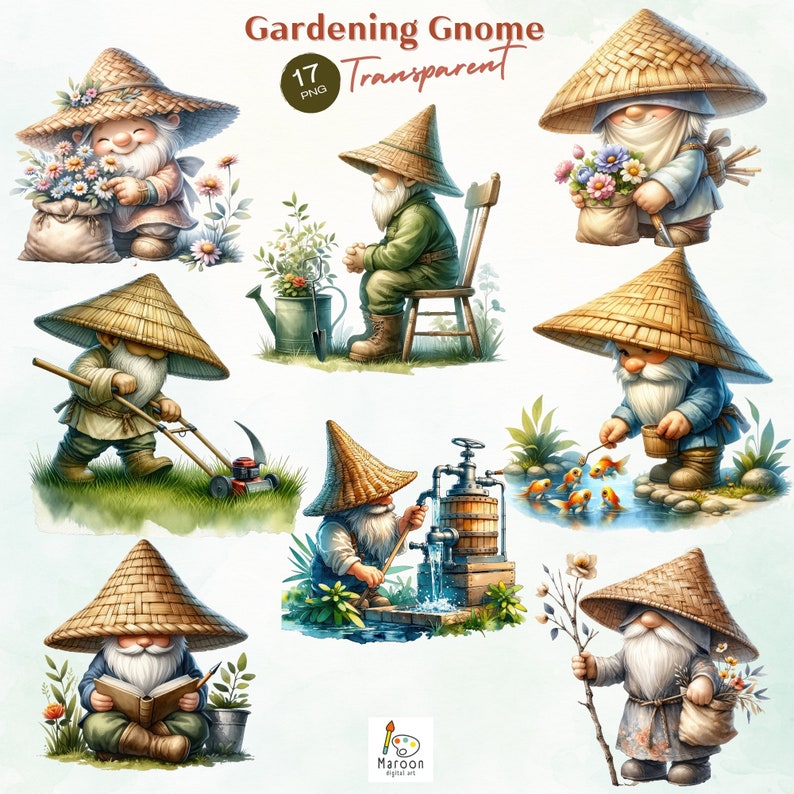 Watercolor Garden Gnome Clipart Bundle, Garden Clipart, Spring Gnome ...