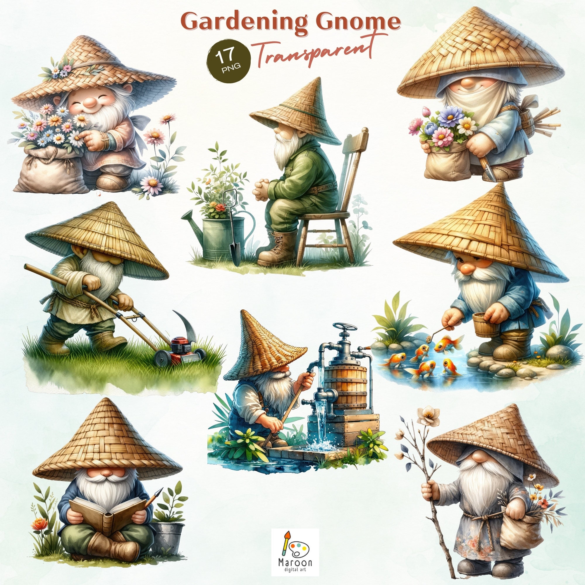 Watercolor Garden Gnome Clipart Bundle, Garden Clipart, Spring Gnome ...