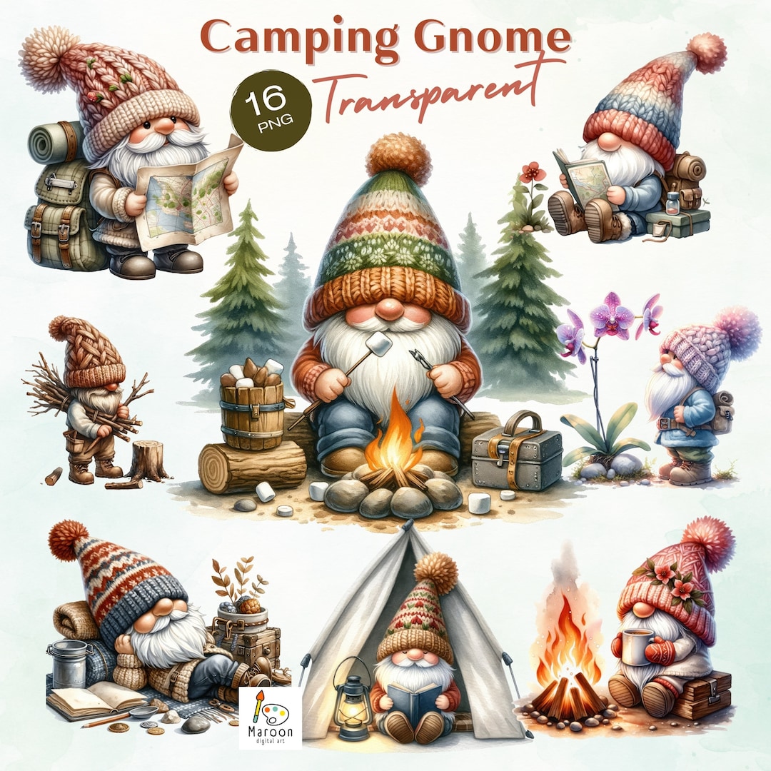 Watercolor Camping Gnome Clipart, Cute Gnome Backpack Travel Junk ...