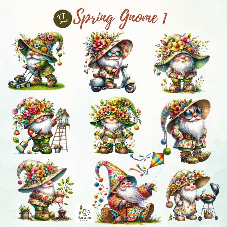 Watercolor Spring Gnomes Clipart, Spring Decor, Garden Gnome, Digital ...