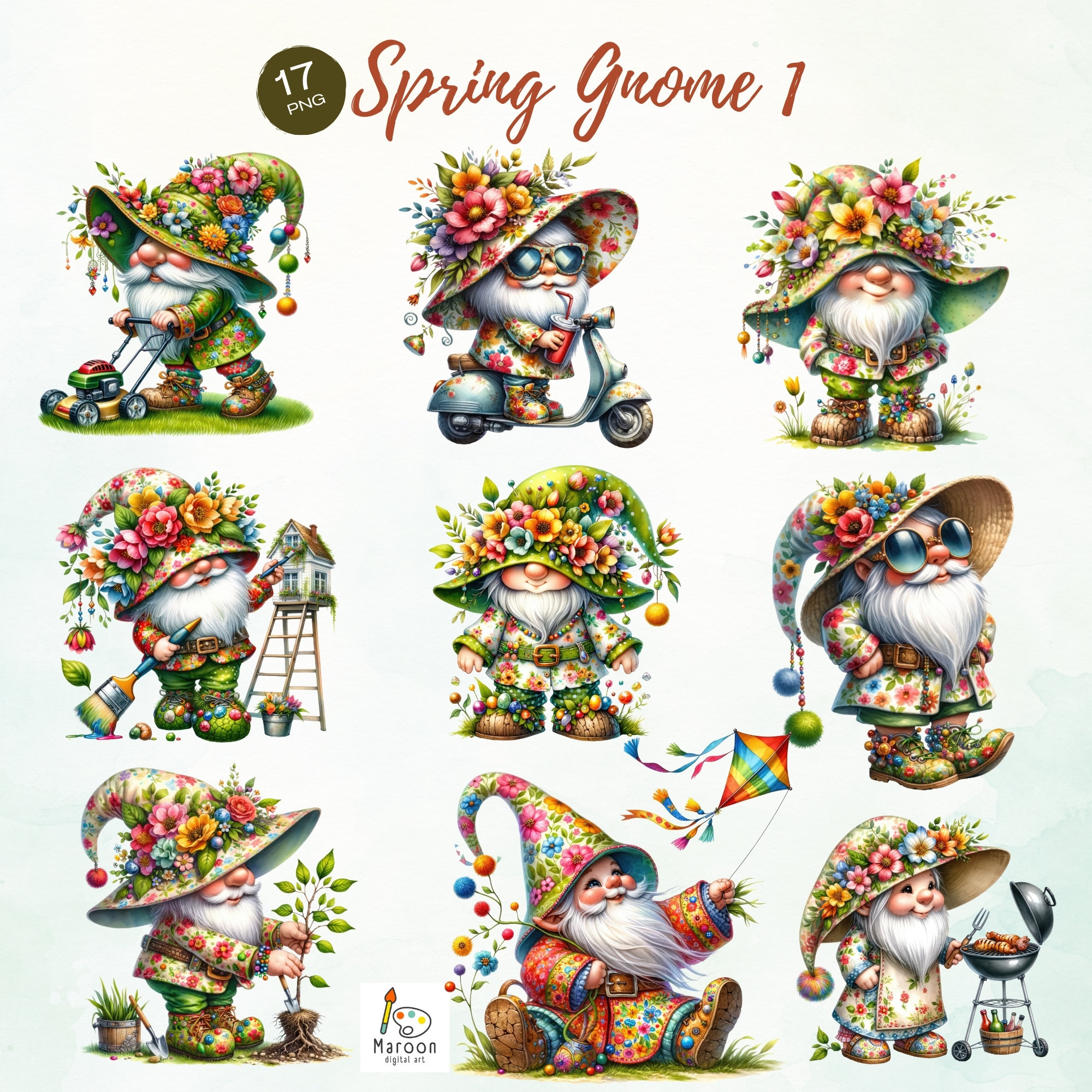 Watercolor Spring Gnomes Clipart, Spring Decor, Garden Gnome, Digital ...