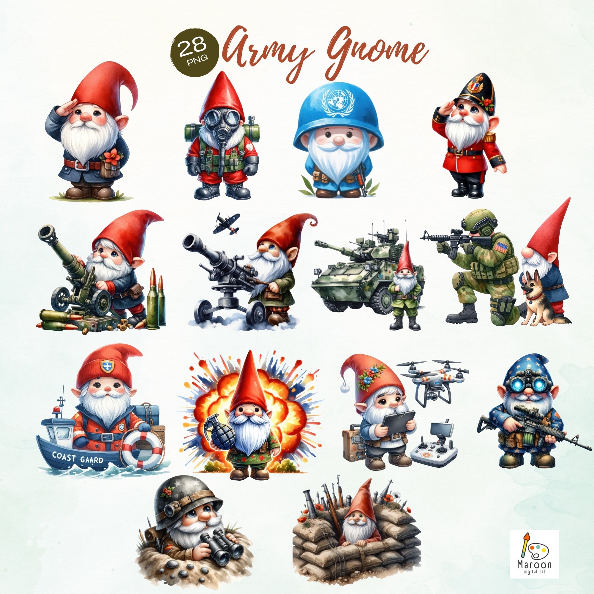 Watercolor Army Gnomes Clipart, Clipart for Commercial Use, Camouflage ...