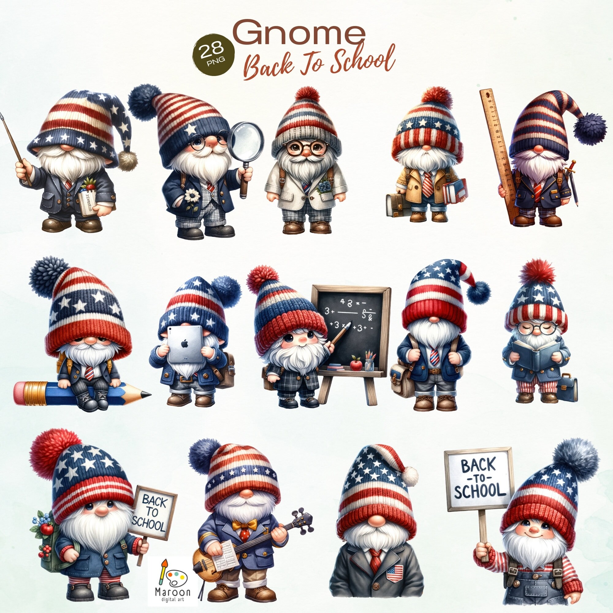 Watercolor Back to School Gnome Collection, Patriotic Digital Clipart ...