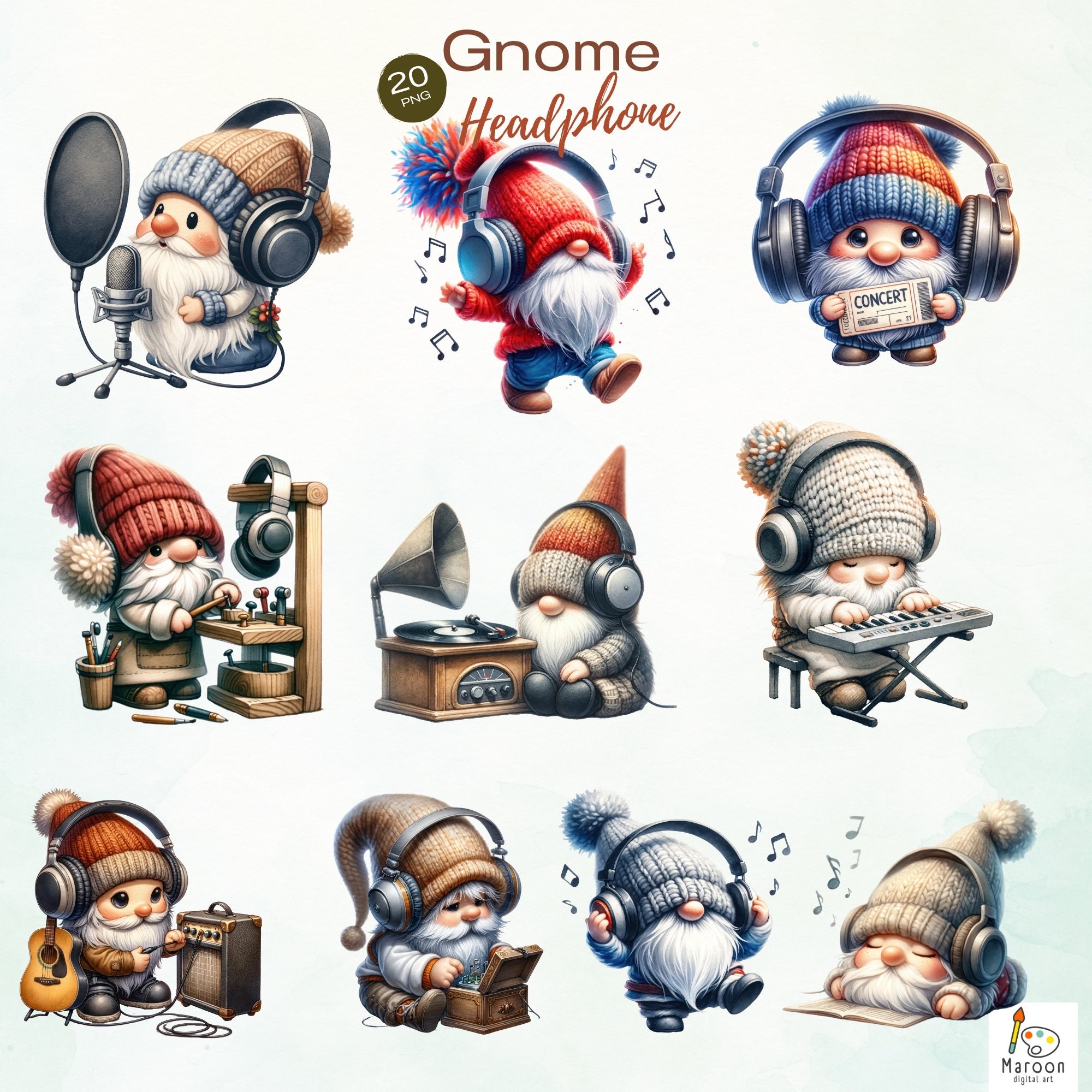 Watercolor Headphone Gnome Clipart | Music Studio Illustrations | Cute ...