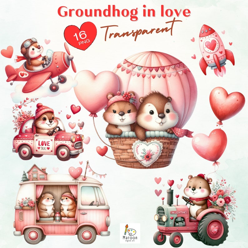 Watercolor Groundhog in Love Clip Art, Valentines Truck Clipart Png ...