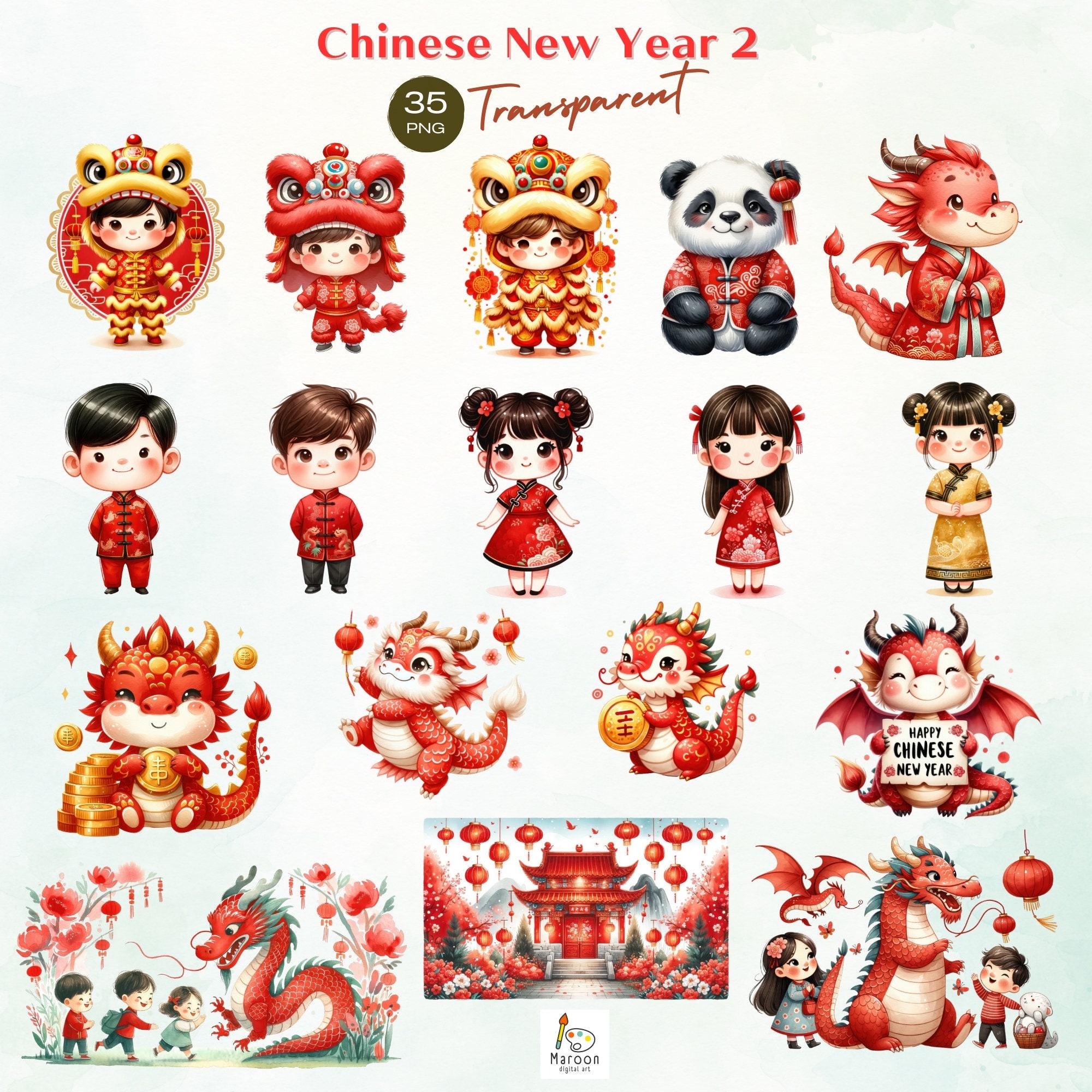 Chinese New Year Watercolor Clipart, Cute Dragon Clipart, Lion Dance ...