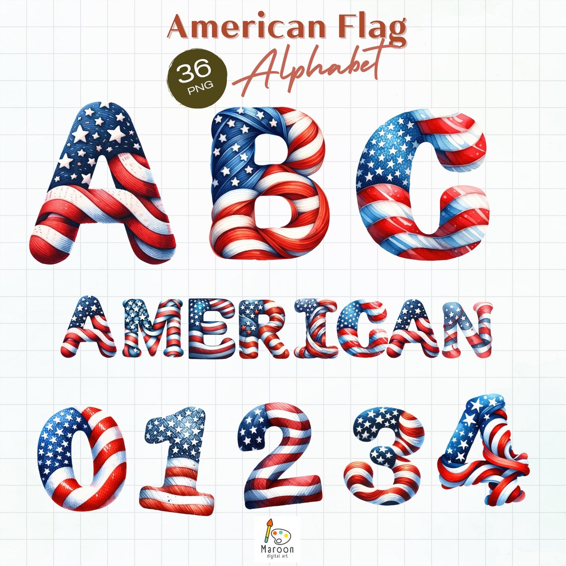 Watercolor American Flag Alphabet Clipart, Patriotic PNG Letters ...