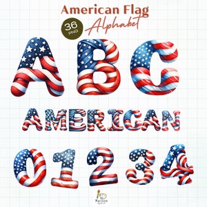 Watercolor American Flag Alphabet Clipart, Patriotic PNG Letters ...