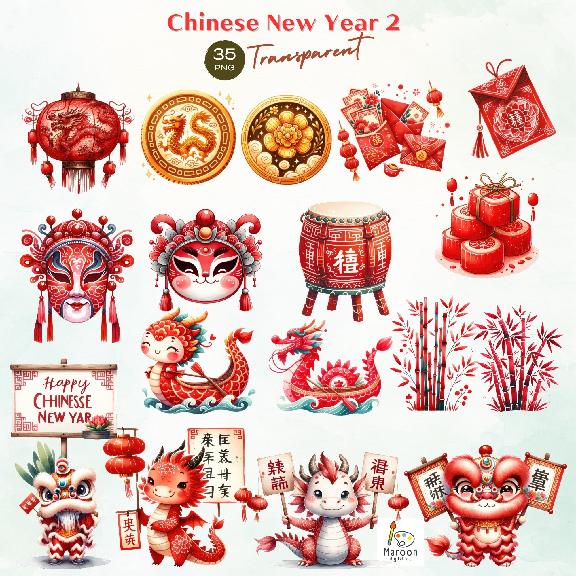Chinese New Year Watercolor Clipart, Cute Dragon Clipart, Lion Dance ...