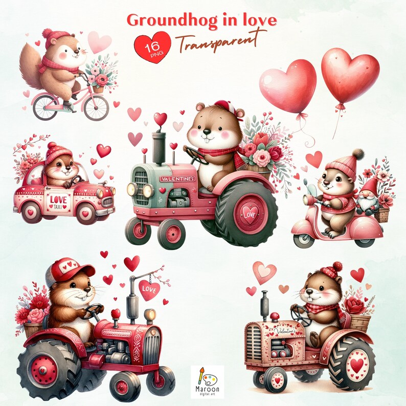 Watercolor Groundhog in Love Clip Art, Valentines Truck Clipart Png ...