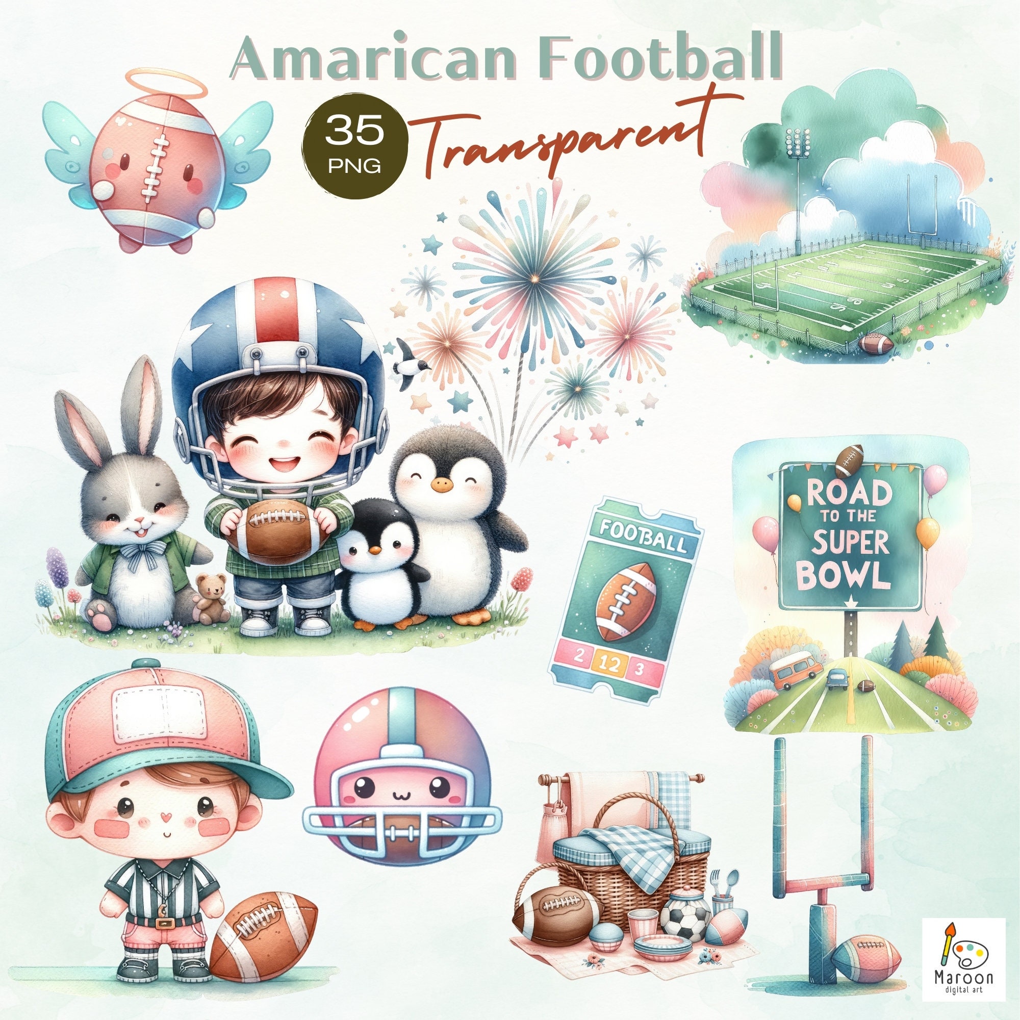 Watercolor Cute American Football Clipart Set, Cute Sports ...